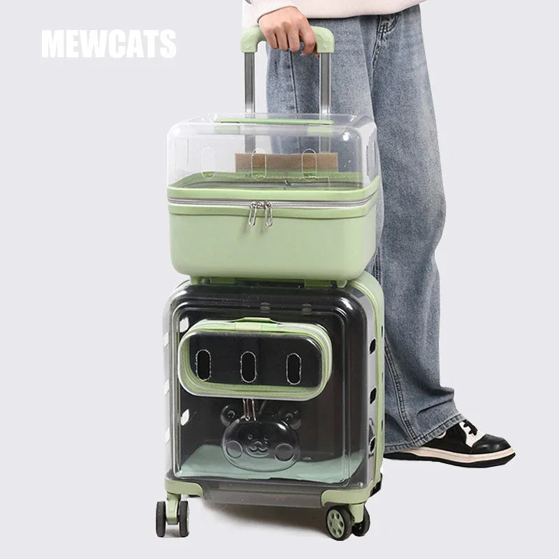 Dual-Layer Clear Cat Trolley Carrier with Wheels – MEWCATS